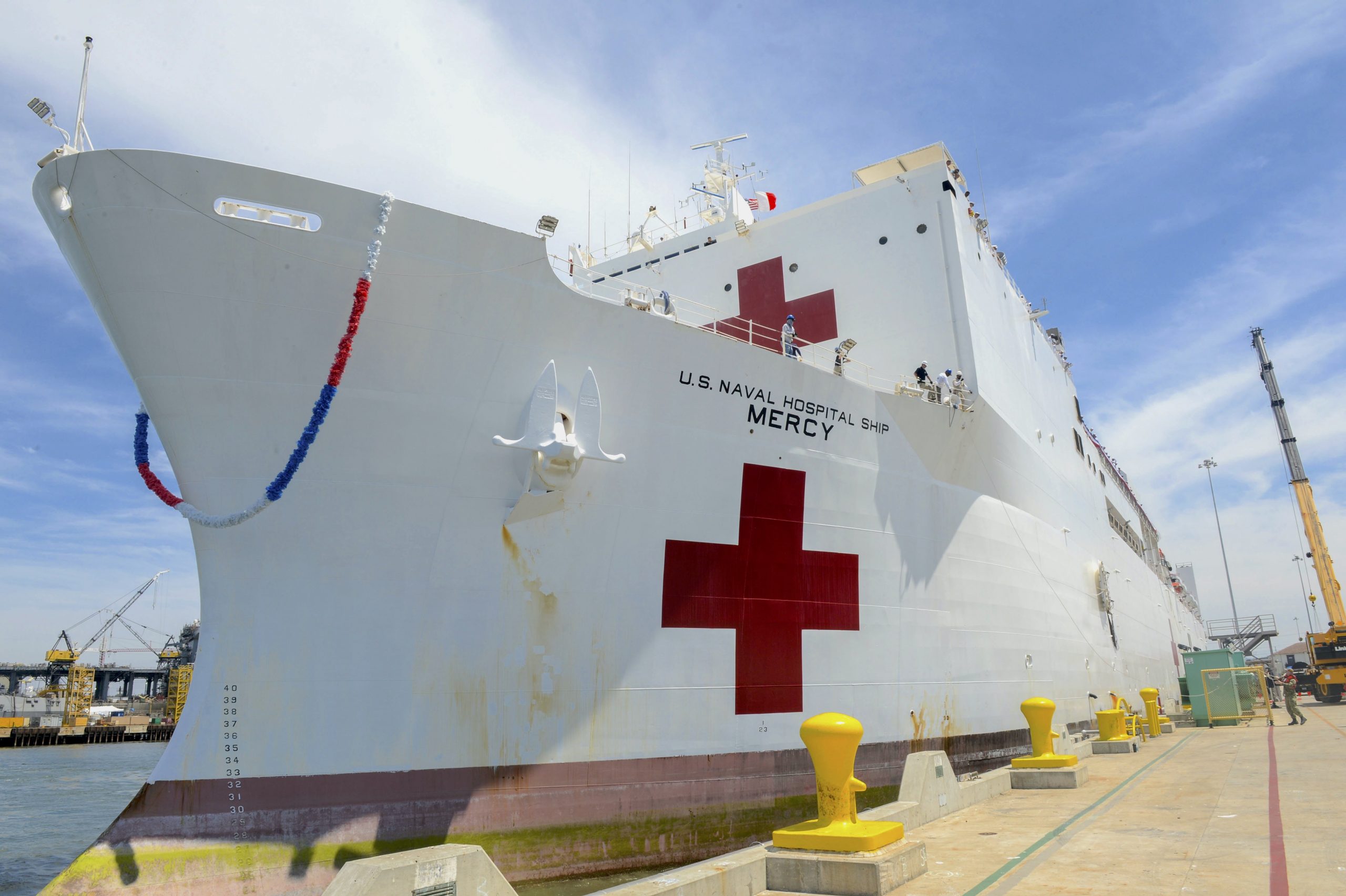 Navy hospital ship Mercy arrives in the port of Los Angeles Friday morning.