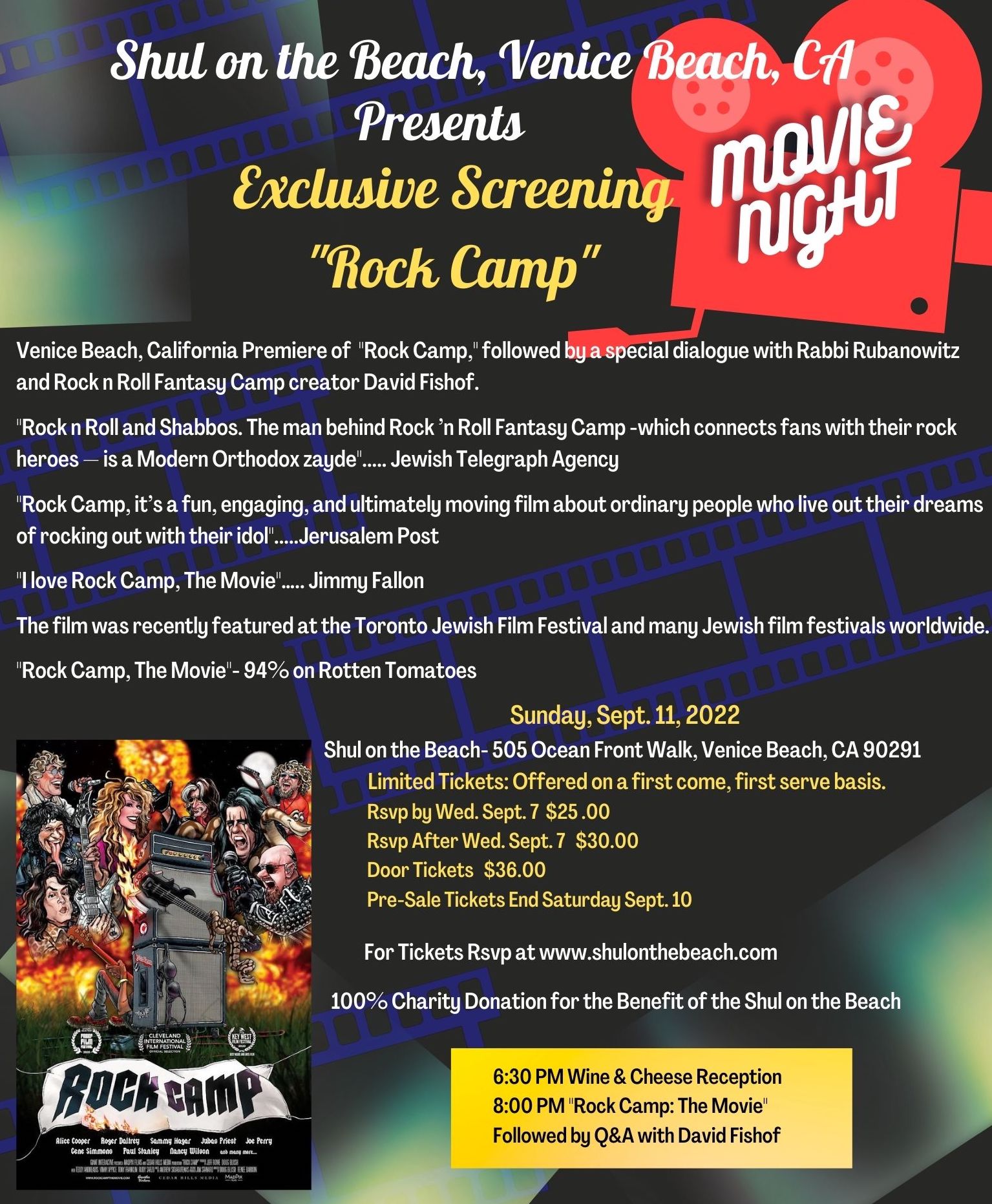 Shul on the Beach Presents, Exclusive Film Screening, "Rock Camp", Sunday, Sept. 11th